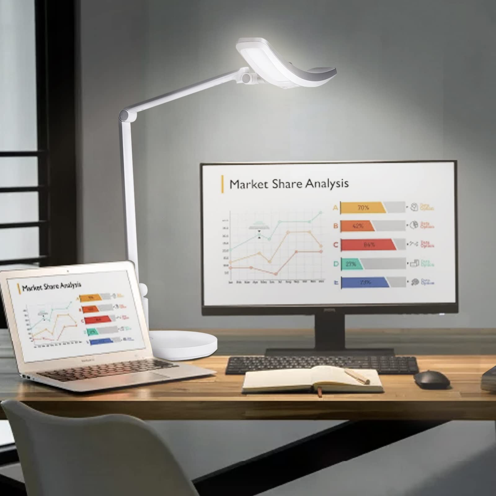 HAPPY NOCNOC Eye-Care eReading Desk Lamp/ Table Lamp/ Task Lamp/ Swing Arm Lamp: Auto-Dimming, CRI 97, Adjustable Temperatures, 51” Wide Illumination Desk Light for Home Office, Bedroom, Living Room