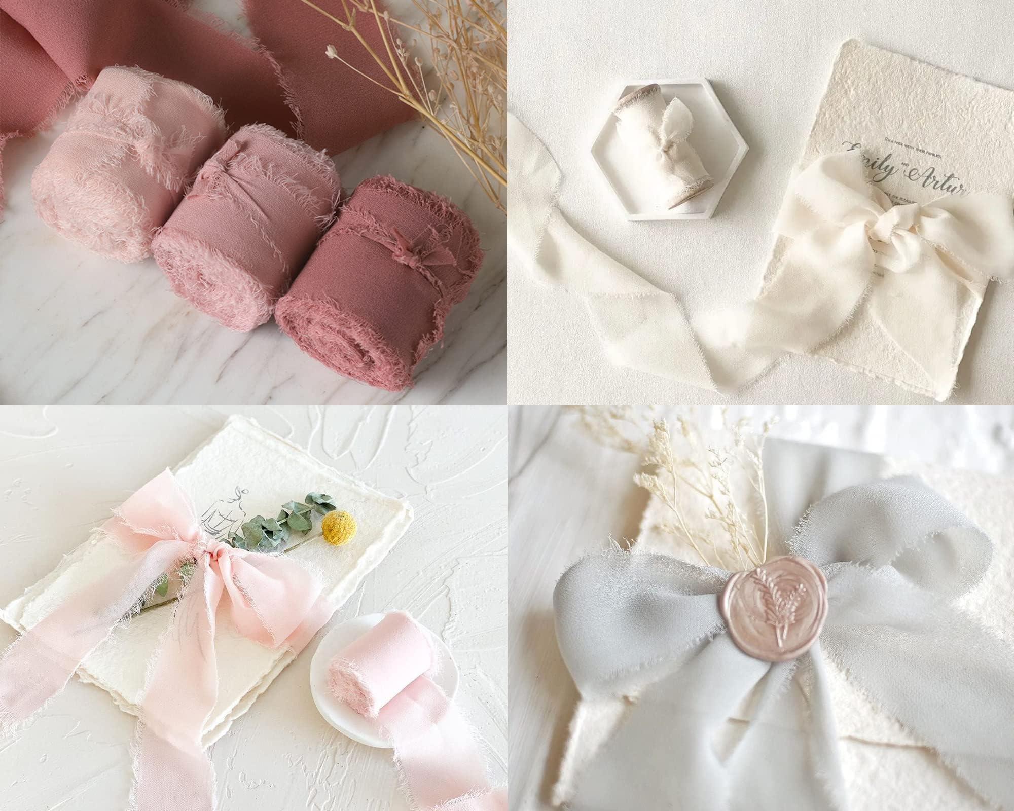 Maclemon Handmade Fringe Dusty Rose Nude Pink Mauve Chiffon Silk Ribbon 3 Rolls 2" x 7Yd Ribbons Set for Wedding Invitations,Bridal Bouquets,Gifts Wrapping,DIY Crafts