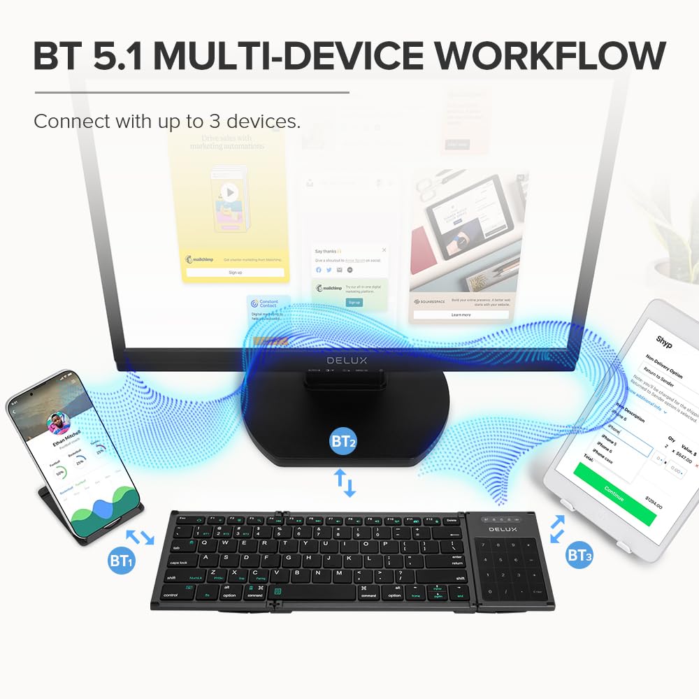 DeLUX Full Size Folding Keyboard 78 Keys, Wireless Bluetooth Keyboard with 2-in-1 Touchpad, Portable Travel Multi-Device and Multi-System Keyboard (KF17)