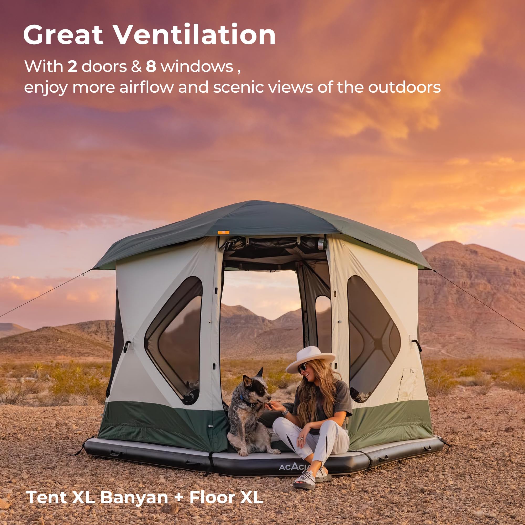 ACACIA Space Camping Tent XL, 4-6 Person Large Family Tent with 6'10'' Height, 2 Doors, 8 Windows, Waterproof Pop Up Easy Setup Hub Tent with Rainfly, Footprint for Car Camping, Glamping, Sunrise