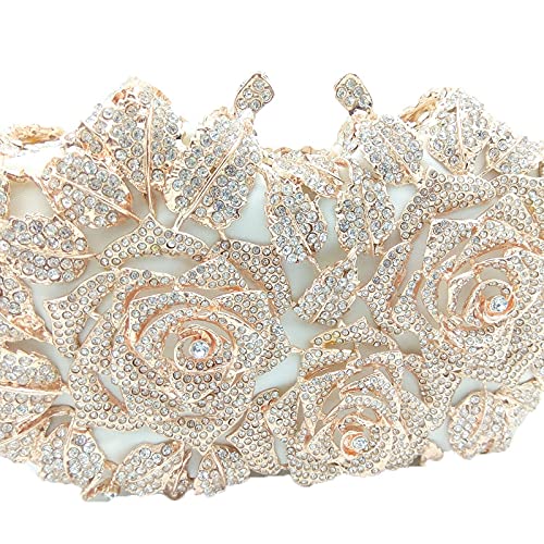 Dazzling Women Gold Rose Flower Hollow Out Crystal Evening Metal Clutches Small Minaudiere Handbag Purse Wedding Box Clutch Bag (D)