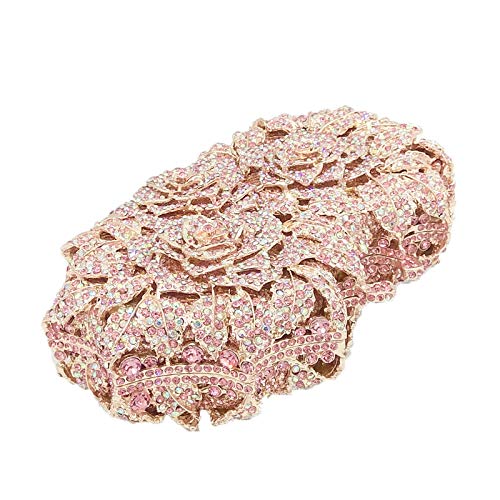 Dazzling Women Gold Rose Flower Hollow Out Crystal Evening Metal Clutches Small Minaudiere Handbag Purse Wedding Box Clutch Bag (D)