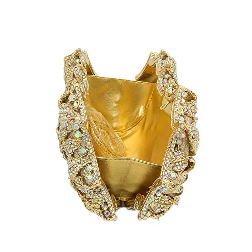 Dazzling Women Gold Rose Flower Hollow Out Crystal Evening Metal Clutches Small Minaudiere Handbag Purse Wedding Box Clutch Bag (D)