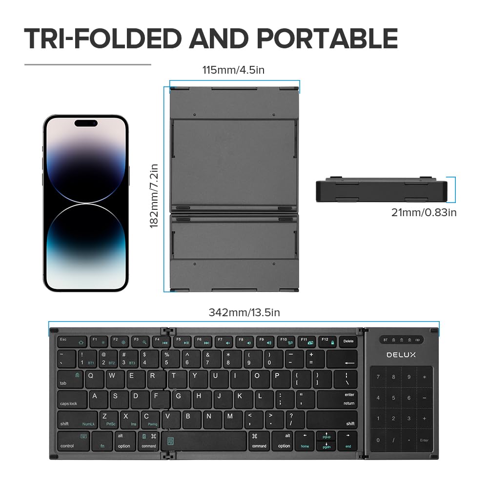 DeLUX Full Size Folding Keyboard 78 Keys, Wireless Bluetooth Keyboard with 2-in-1 Touchpad, Portable Travel Multi-Device and Multi-System Keyboard (KF17)