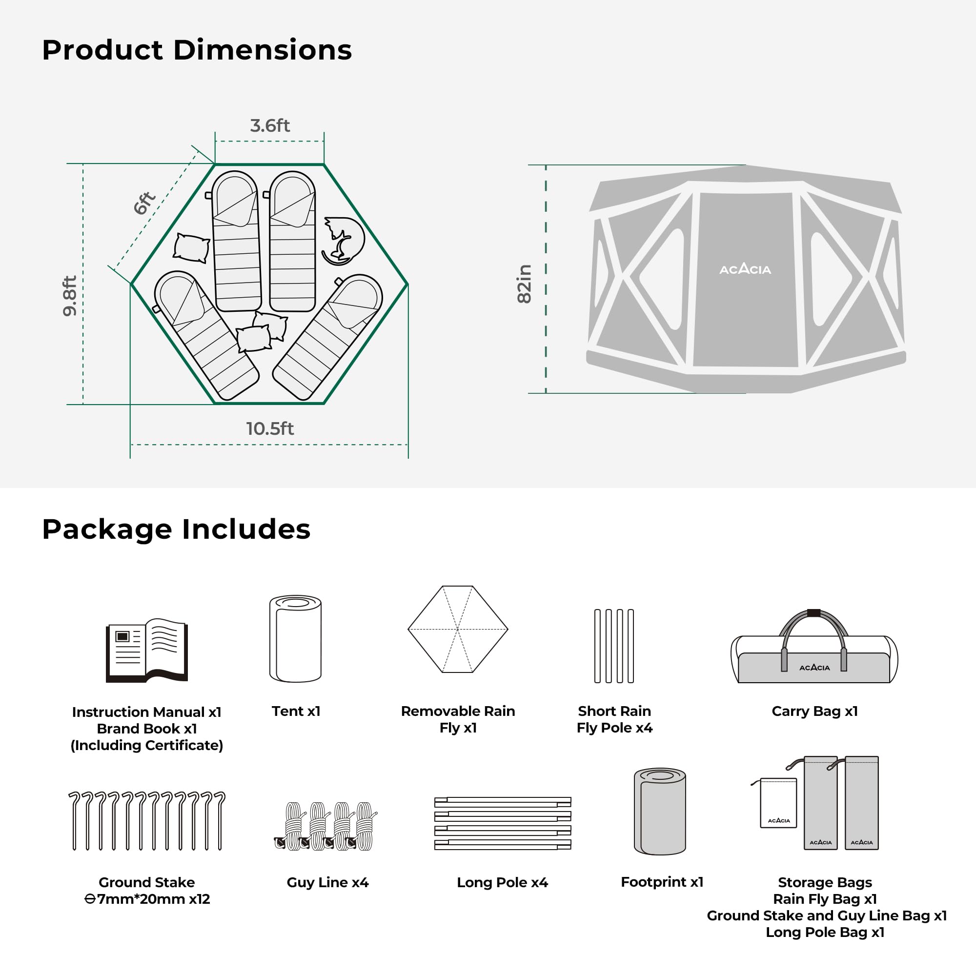 ACACIA Space Camping Tent XL, 4-6 Person Large Family Tent with 6'10'' Height, 2 Doors, 8 Windows, Waterproof Pop Up Easy Setup Hub Tent with Rainfly, Footprint for Car Camping, Glamping, Sunrise