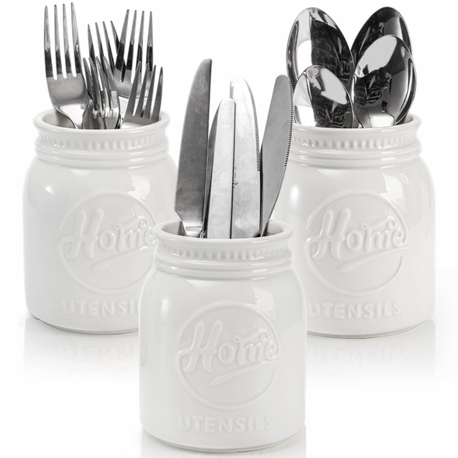 Peohud 3 Pack Mason Jar Utensil Holder, Ceramic Silverware Flatware Caddy, Cooking Utensil Crock Cutlery Storage Organizer for Kitchen Countertop, Decorative Spoon, Fork and Knife Holder
