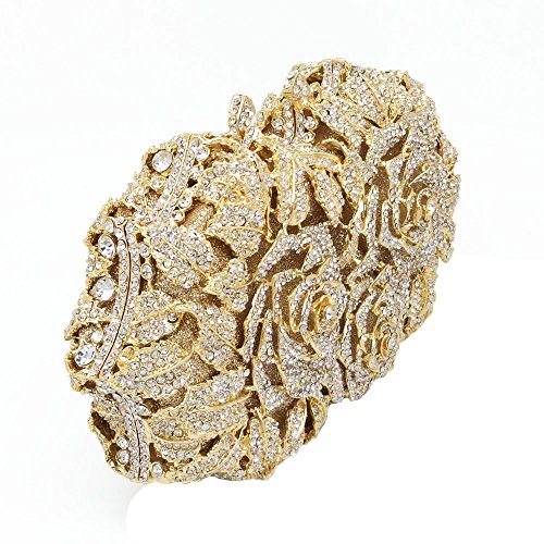 Dazzling Women Gold Rose Flower Hollow Out Crystal Evening Metal Clutches Small Minaudiere Handbag Purse Wedding Box Clutch Bag (D)