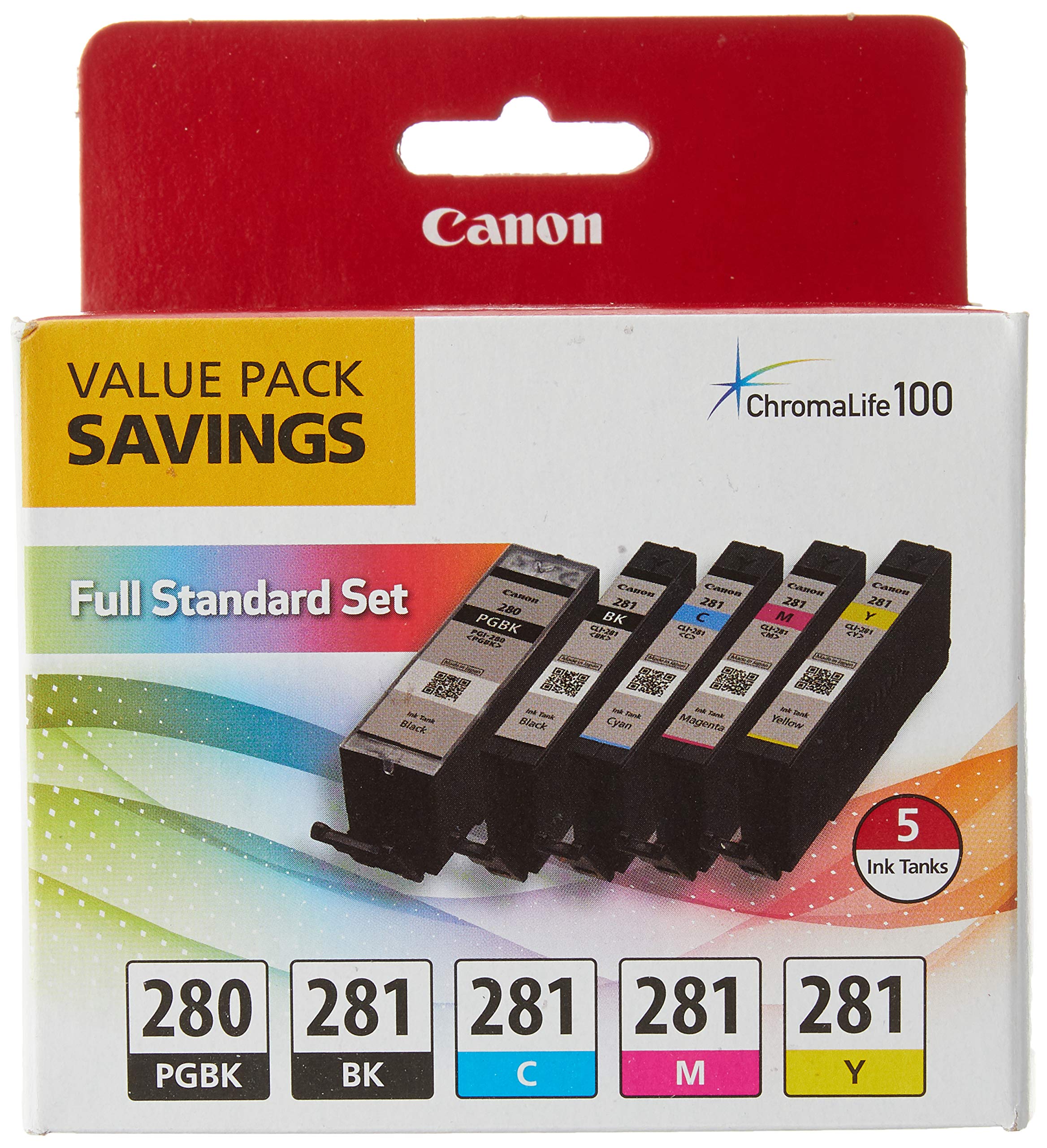 Canon PGI-280 / CLI-281 5 Color Ink Pack, Compatible to TS8120,TS6120,TR8520,TR7520, and TS9120 Wireless Printers, Multi, PGI-280 Full Standard Set & Ink Cartridge PGI-280 Pigment Black Printer Ink