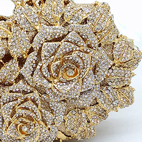Dazzling Women Gold Rose Flower Hollow Out Crystal Evening Metal Clutches Small Minaudiere Handbag Purse Wedding Box Clutch Bag (D)