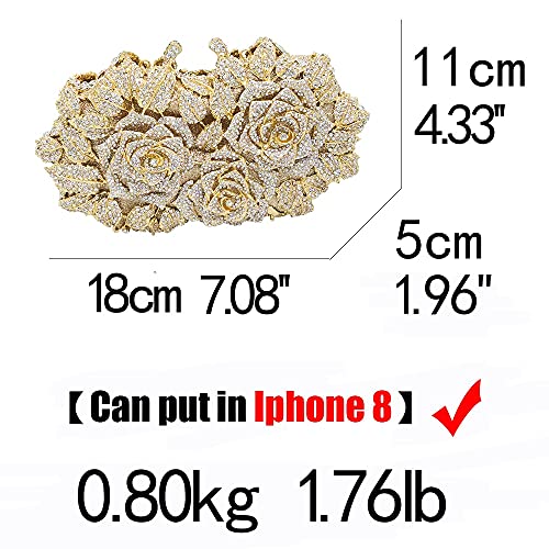 Dazzling Women Gold Rose Flower Hollow Out Crystal Evening Metal Clutches Small Minaudiere Handbag Purse Wedding Box Clutch Bag (D)