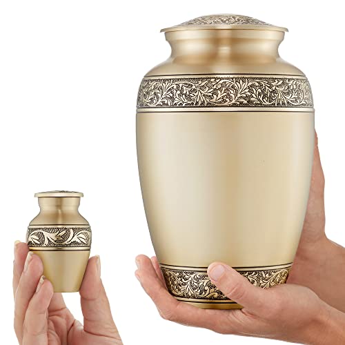 Reminded Set of 5 Floral Cremation Urns for Human Ashes - 1 Adult + 4 Keepsake Token Size, Gold