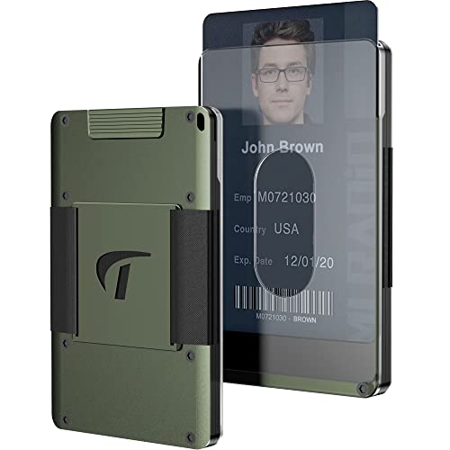 umoven Minimalist Wallet For Men - Aluminum Slim Stretchable Belt Draw-Out Metal Wallet with 1 Clear window ID Badge Holder, Holds up 15 Cards with Cash Strap. (Green)