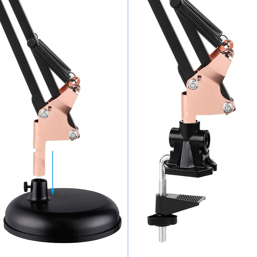 PowerKing Metal Swing Arm Desk Lamps, Adjustable and Flexible, Feading with Base and Clip 2-in-1 Function, Fit E26&E27 Bulbs Base, Application in Bedroom Living Room, Office Home (Black+Rose Gold)