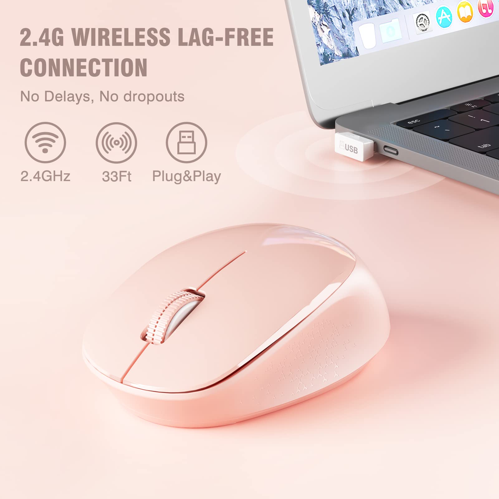 Trueque Wireless Mouse E702 2.4GHz Portable Computer Mouse with USB Receiver, Comfortable Silent Mice for Laptop, Chromebook, PC, Notebook, Desktop, Windows, Mac (Pink)