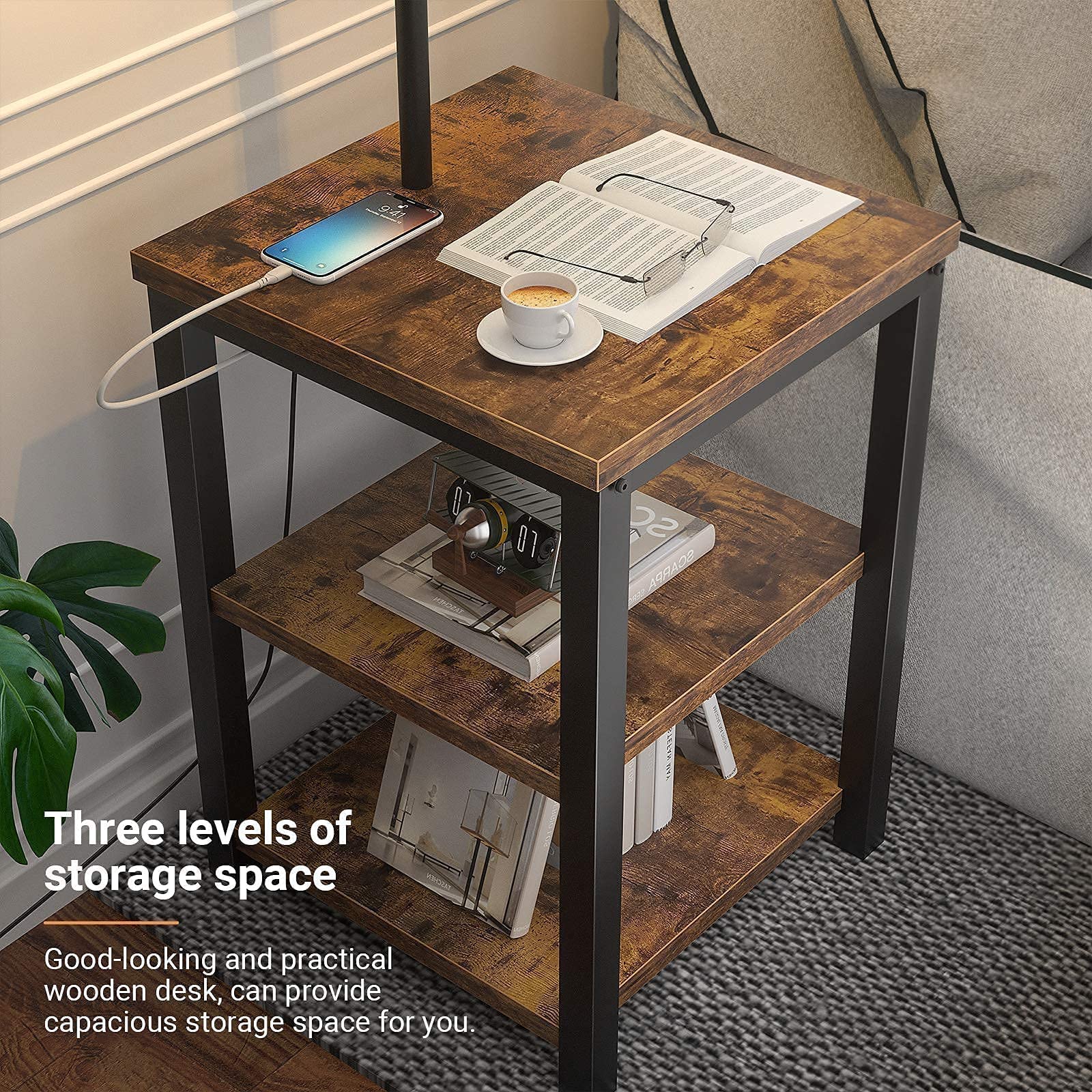 AntLux LED Floor Lamp with End Table - USB Charging Port, Power Outlet, Bedside Table with Shelves, Rustic Night Stand with Industrial Floor Light for Living Room, Bedroom, Guest Room, Edison Bulb