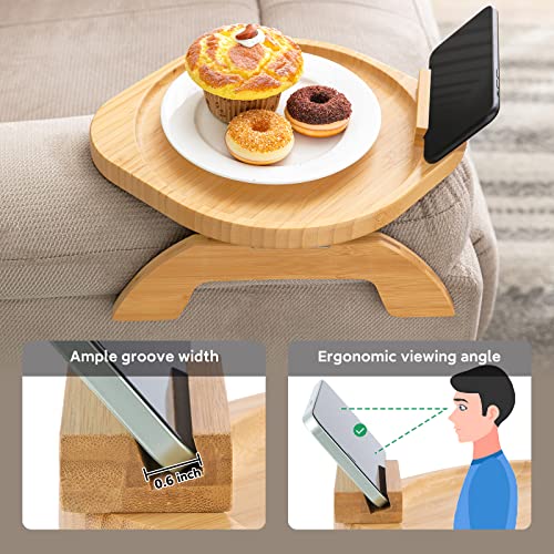 SINWANT Bamboo Sofa Tray Table Clip on Side Table Couch Arm with 360° Rotating Phone Holder, Couch Tray for Arm, Sofa Table for Eating/Drinks/Snacks/Remote/Control