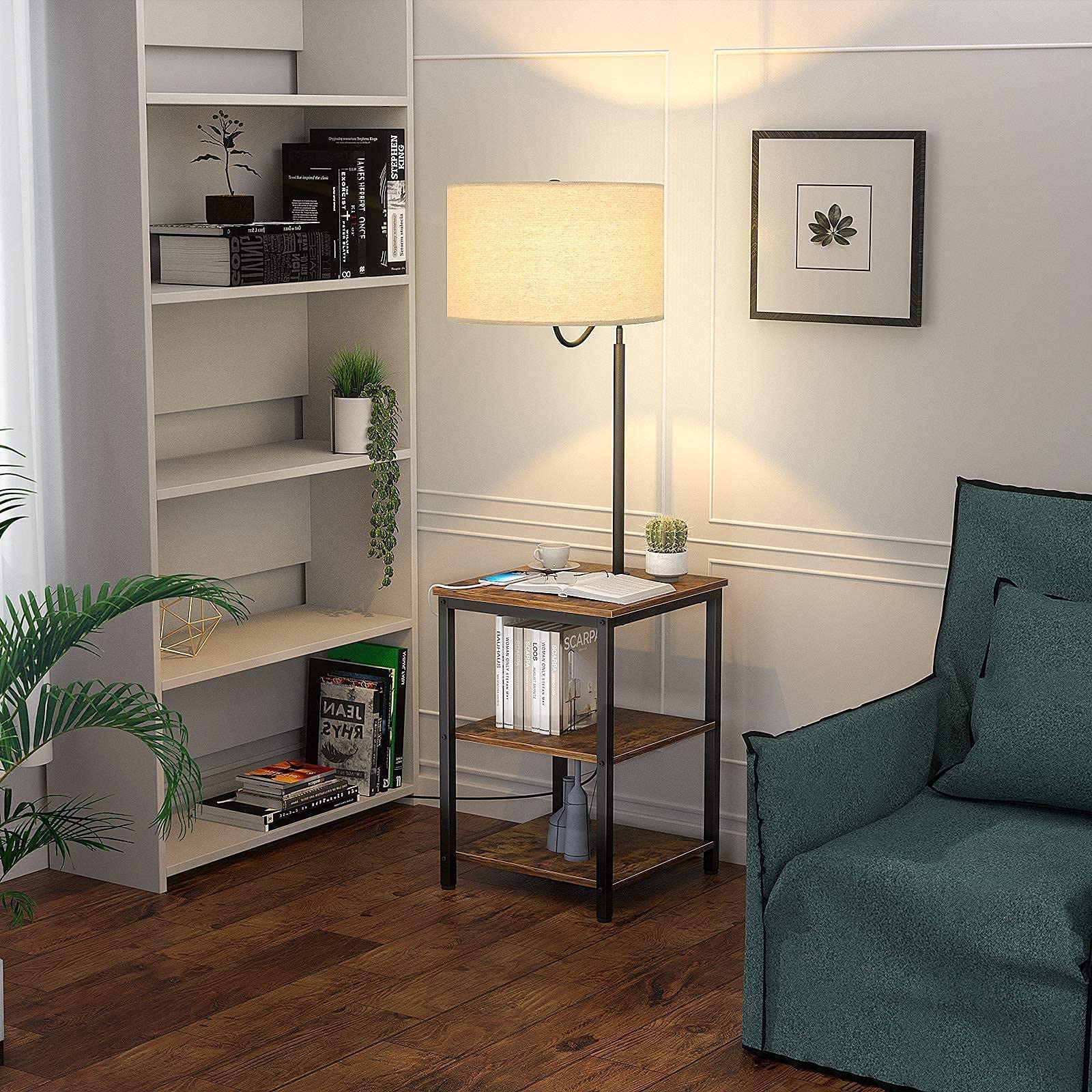 AntLux LED Floor Lamp with End Table - USB Charging Port, Power Outlet, Bedside Table with Shelves, Rustic Night Stand with Industrial Floor Light for Living Room, Bedroom, Guest Room, Edison Bulb