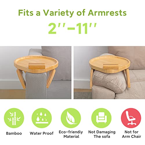 SINWANT Bamboo Sofa Tray Table Clip on Side Table Couch Arm with 360° Rotating Phone Holder, Couch Tray for Arm, Sofa Table for Eating/Drinks/Snacks/Remote/Control