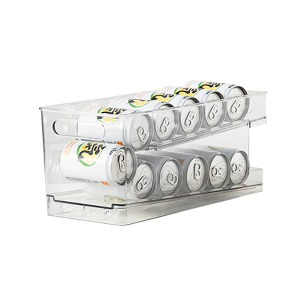 Soda Can Organizers for Refrigerator, 2-layer Automatic Rolling Beverage Storage Organizer for Freezer, Countertop, Cabinets & Pantry, Can Holder Dispenser Holds Up To 10 Cans (12oz) BPA Free, Clear
