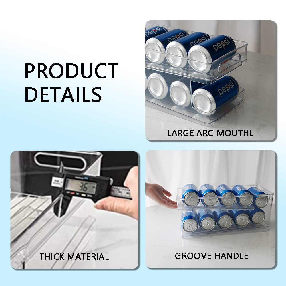Soda Can Organizers for Refrigerator, 2-layer Automatic Rolling Beverage Storage Organizer for Freezer, Countertop, Cabinets & Pantry, Can Holder Dispenser Holds Up To 10 Cans (12oz) BPA Free, Clear