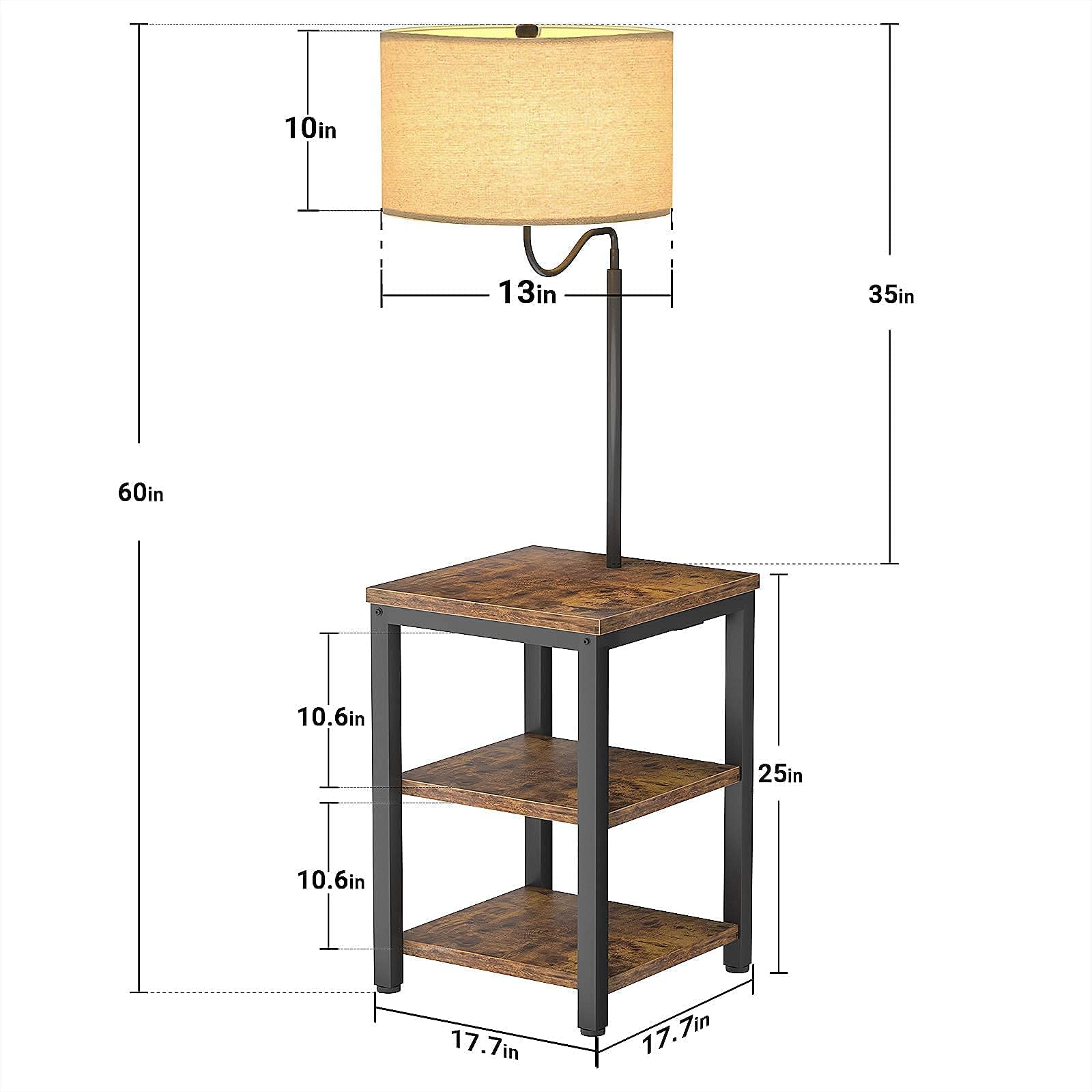 AntLux LED Floor Lamp with End Table - USB Charging Port, Power Outlet, Bedside Table with Shelves, Rustic Night Stand with Industrial Floor Light for Living Room, Bedroom, Guest Room, Edison Bulb