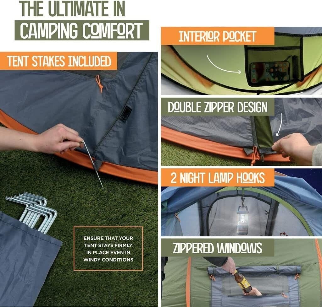 Easy Pop Up Tent with 2 Doors Camping Tent - 4-Person - UPF50+ Waterproof