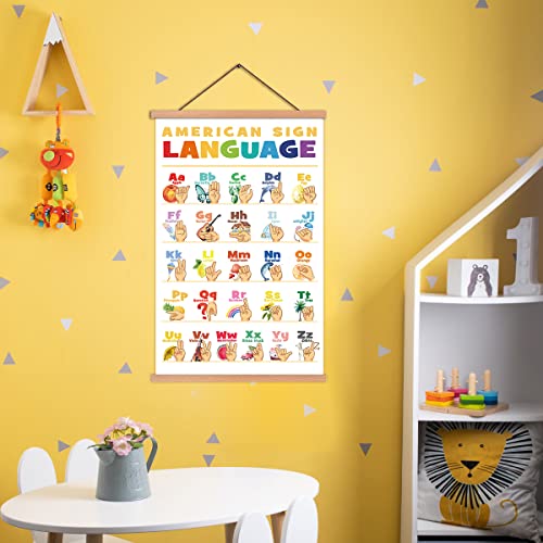 KAIRNE American Sign Language Poster with Wood Magnetic Hanger Framed(35CMx56CM),ASL Alphabet Wall Art Teaching Aid Alphabet Chart for Kids Playroom Classroom Decor