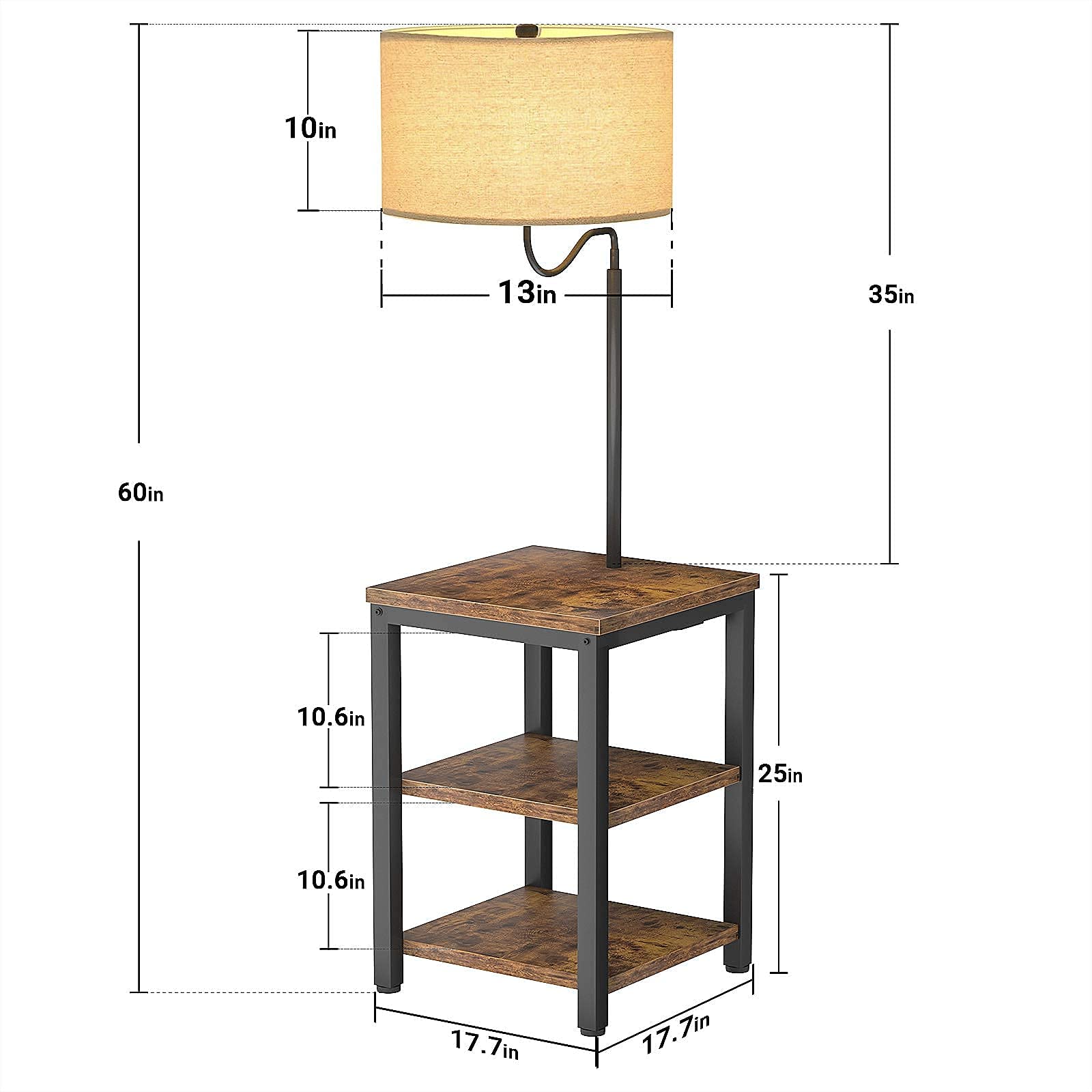 AntLux LED Floor Lamp with End Table - USB Charging Port, Power Outlet, Bedside Table with Shelves, Rustic Night Stand with Industrial Floor Light for Living Room, Bedroom, Guest Room, Edison Bulb