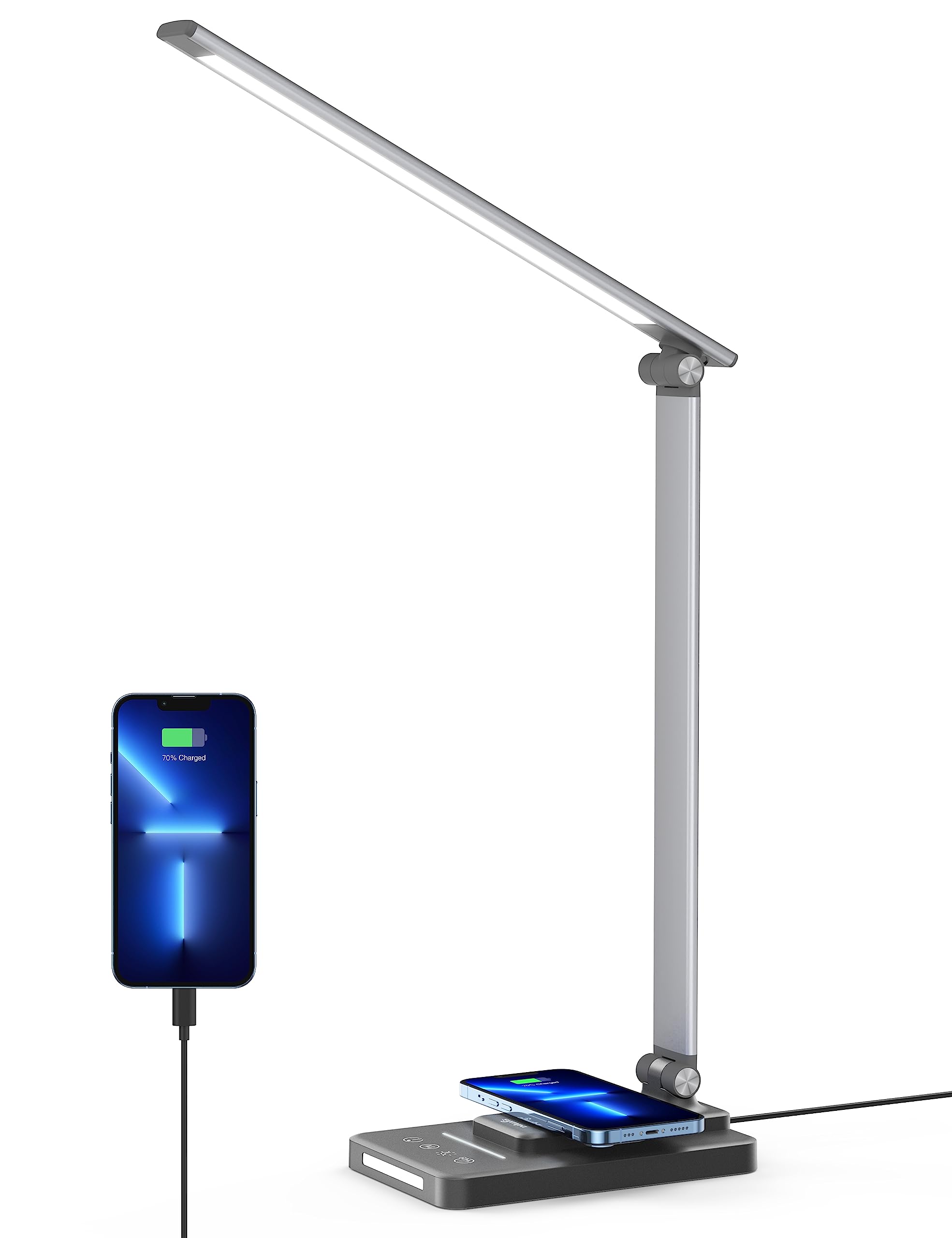 sympa Metal LED Desk Lamp, 12W Desktop Office Lamp, Reading Desk Light with 5V/2A USB Port, 5 Color Temperatures, 6 Brightness Levels, Touch Control for Dorm, Home Office, Bedroom, Living Room Grey