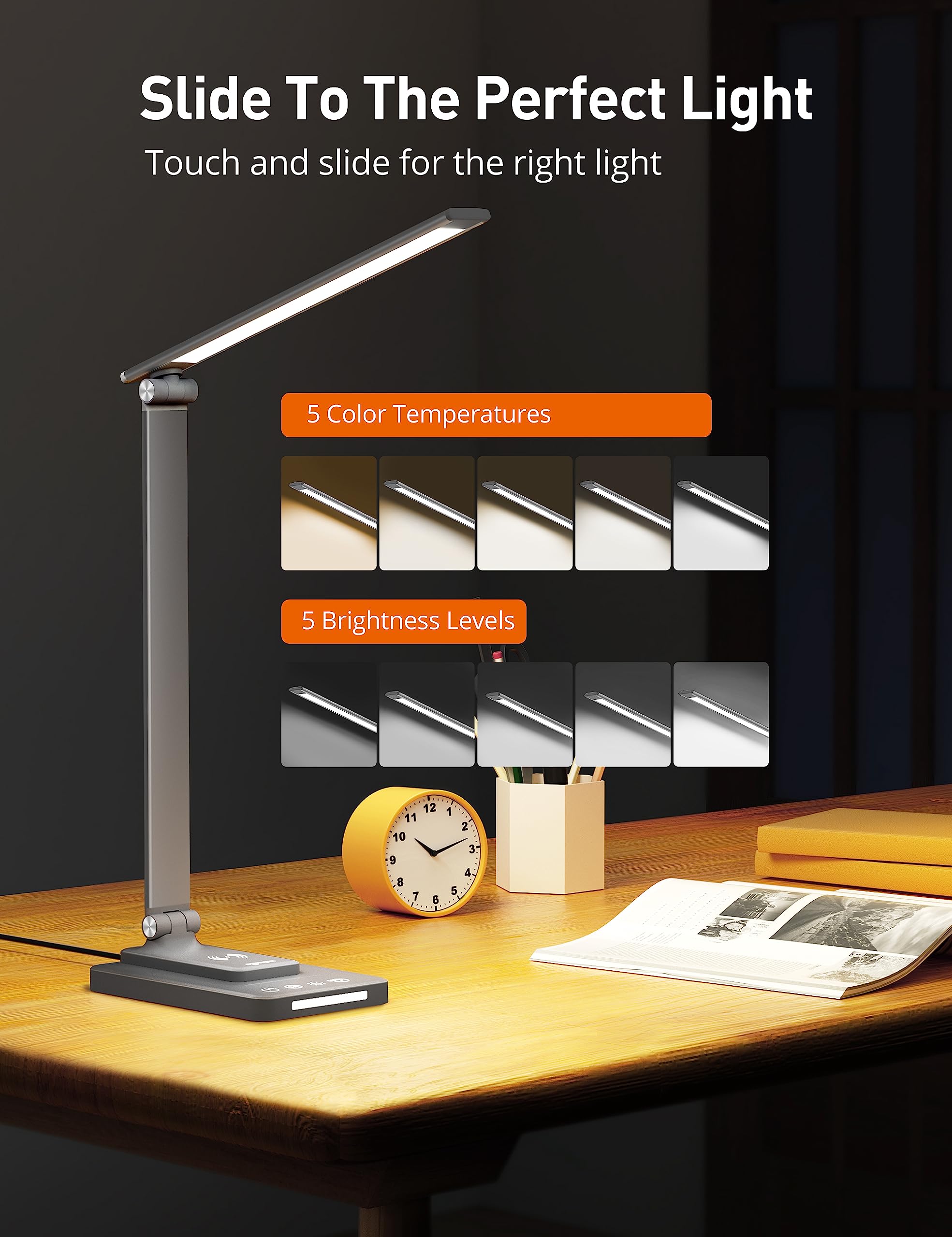 sympa Metal LED Desk Lamp, 12W Desktop Office Lamp, Reading Desk Light with 5V/2A USB Port, 5 Color Temperatures, 6 Brightness Levels, Touch Control for Dorm, Home Office, Bedroom, Living Room Grey