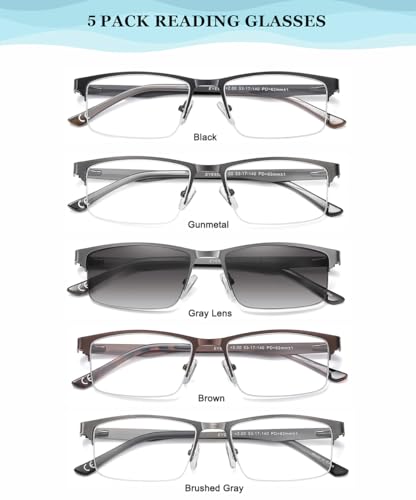 EYECEDAR 5-Pack Reading Glasses Men Metal Half Frame Spring Hinges Rectangular Style Mens Readers 2.50