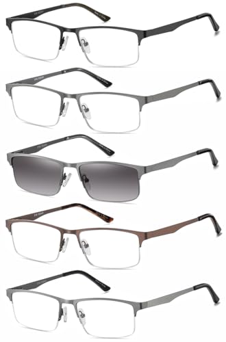 EYECEDAR 5-Pack Reading Glasses Men Metal Half Frame Spring Hinges Rectangular Style Mens Readers 2.50