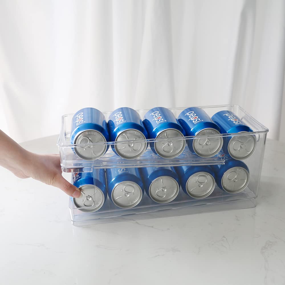 Soda Can Organizers for Refrigerator, 2-layer Automatic Rolling Beverage Storage Organizer for Freezer, Countertop, Cabinets & Pantry, Can Holder Dispenser Holds Up To 10 Cans (12oz) BPA Free, Clear