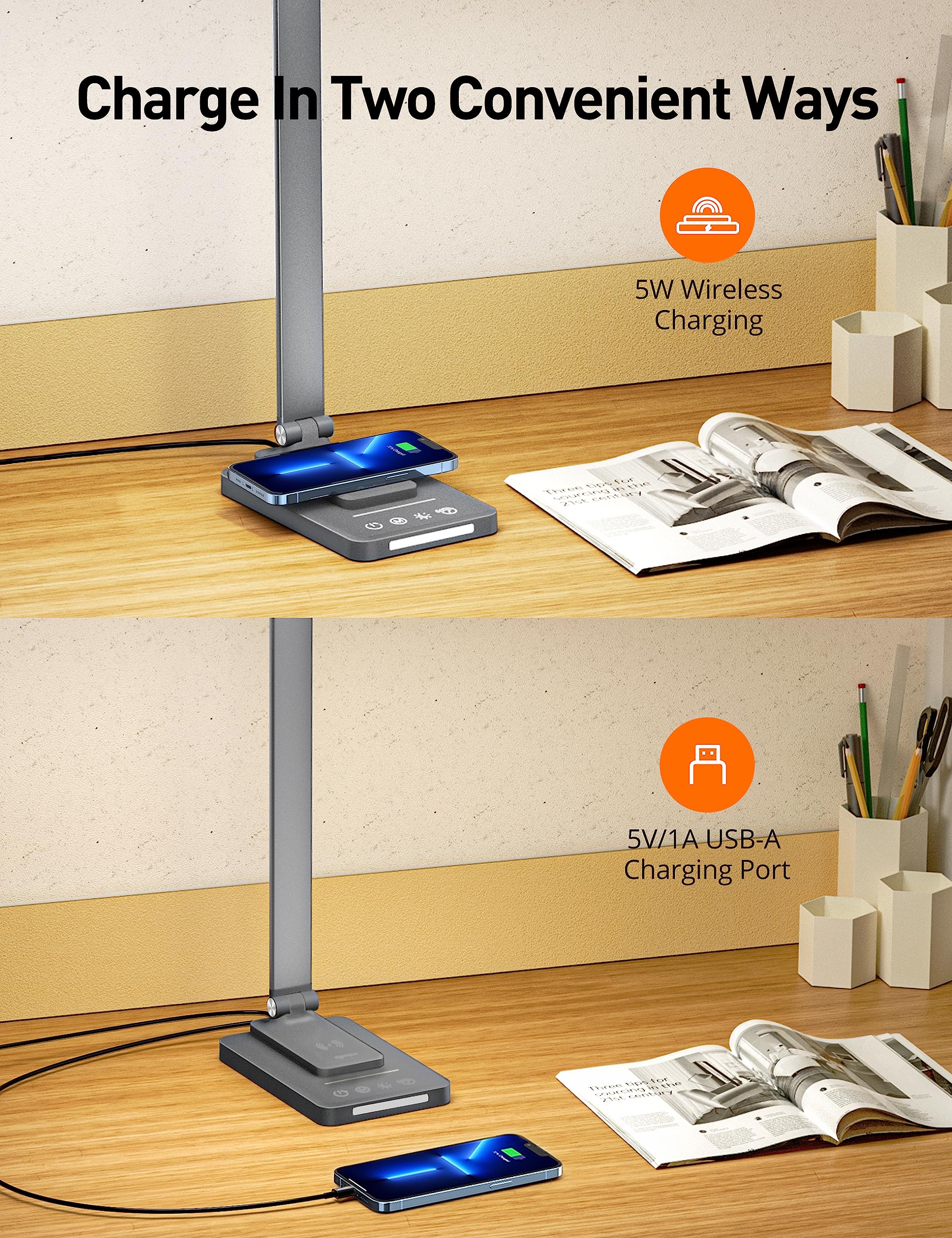 sympa Metal LED Desk Lamp, 12W Desktop Office Lamp, Reading Desk Light with 5V/2A USB Port, 5 Color Temperatures, 6 Brightness Levels, Touch Control for Dorm, Home Office, Bedroom, Living Room Grey