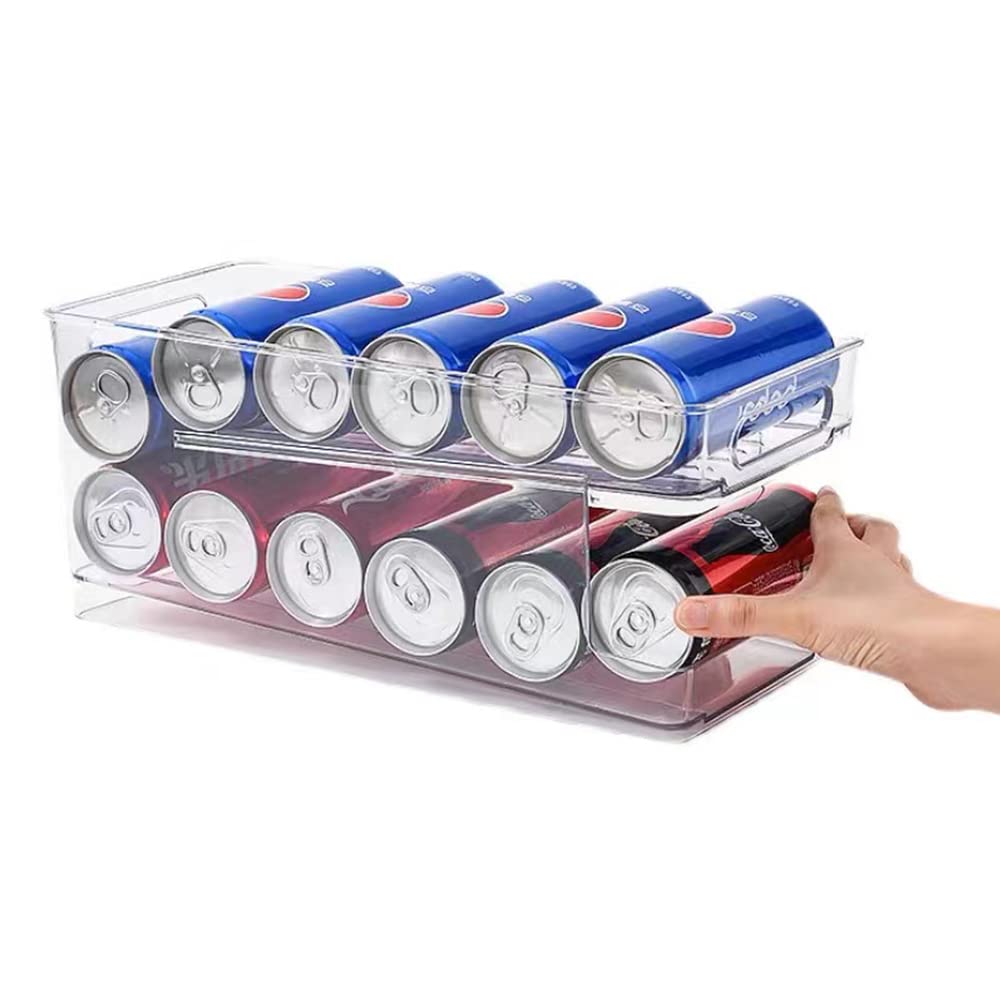 Soda Can Organizers for Refrigerator, 2-layer Automatic Rolling Beverage Storage Organizer for Freezer, Countertop, Cabinets & Pantry, Can Holder Dispenser Holds Up To 10 Cans (12oz) BPA Free, Clear
