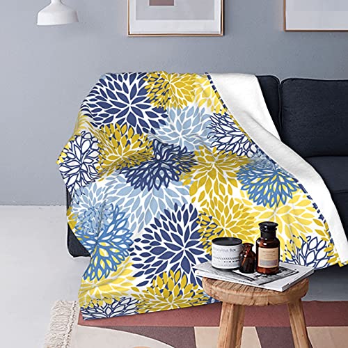 Abucaky Blue Yellow Navy Chrysanthemum Flowers Fleece Throw Blanket Ultra Soft Cozy Decorative Flannel Blanket All Season for Home Bed Couch Chair Travel 80x60in