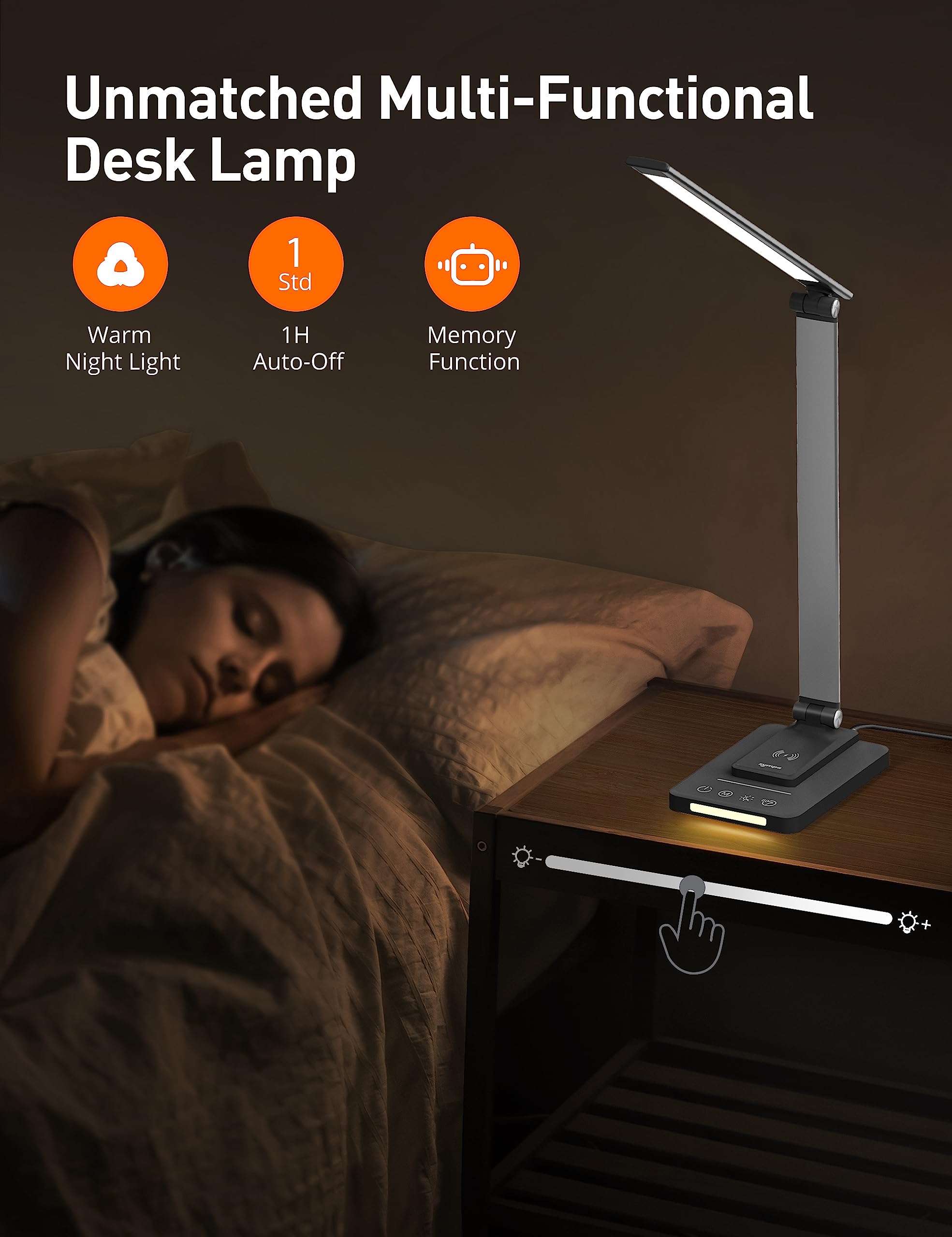 sympa Metal LED Desk Lamp, 12W Desktop Office Lamp, Reading Desk Light with 5V/2A USB Port, 5 Color Temperatures, 6 Brightness Levels, Touch Control for Dorm, Home Office, Bedroom, Living Room Grey