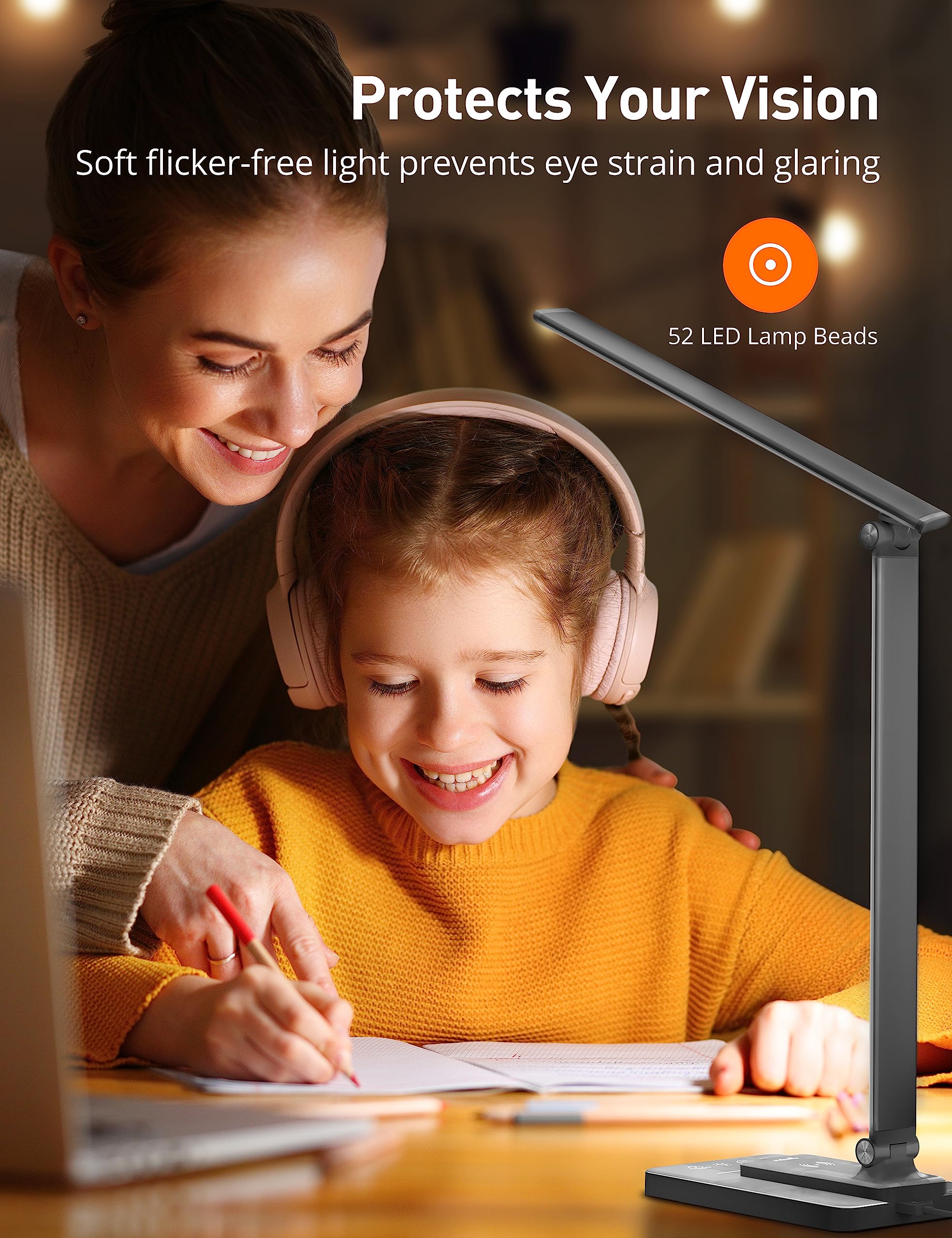 sympa Metal LED Desk Lamp, 12W Desktop Office Lamp, Reading Desk Light with 5V/2A USB Port, 5 Color Temperatures, 6 Brightness Levels, Touch Control for Dorm, Home Office, Bedroom, Living Room Grey