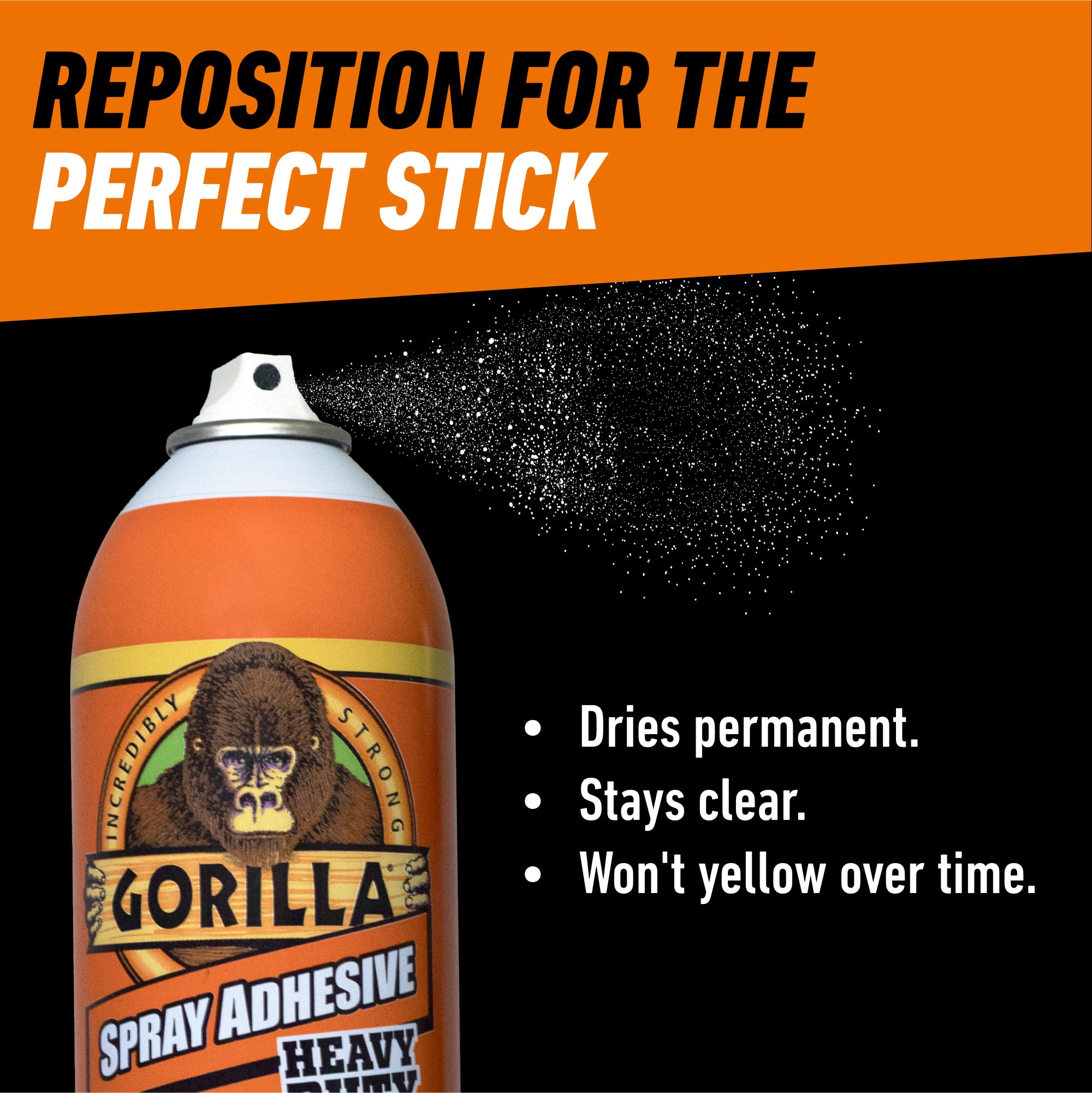 Gorilla Heavy Duty Spray Adhesive, Multipurpose and Repositionable, 14 Ounce, Clear, (Pack of 1)