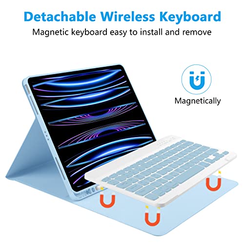 12.9 Keyboard Case 2022, 12.9" 6th/5th/4th/3rd (2022-2018) Gen Case with Keyboard, Wireless Bluetooth Magnetic Keyboards for 12.9" 2022 Case with Pencil Holder(Light Blue)