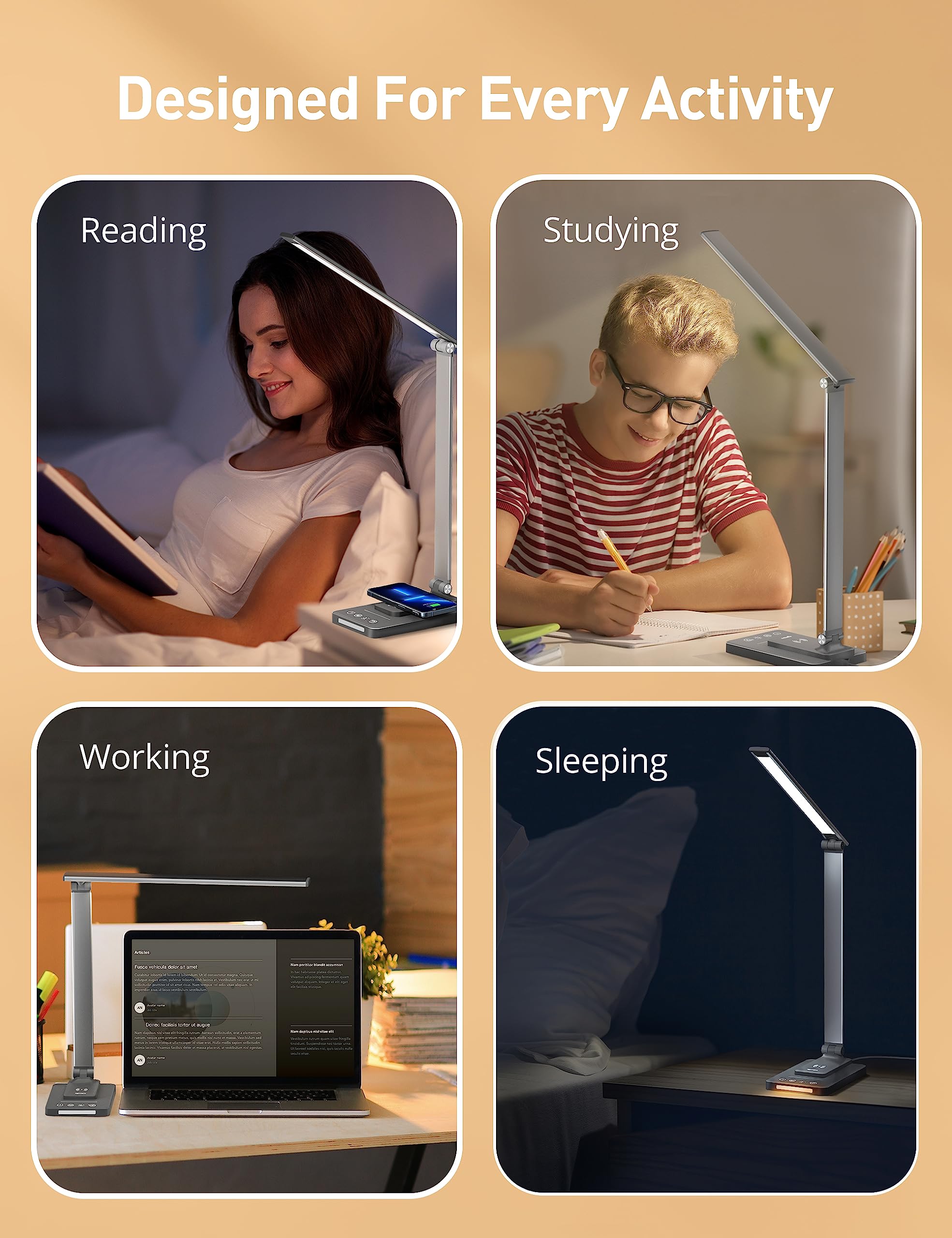 sympa Metal LED Desk Lamp, 12W Desktop Office Lamp, Reading Desk Light with 5V/2A USB Port, 5 Color Temperatures, 6 Brightness Levels, Touch Control for Dorm, Home Office, Bedroom, Living Room Grey