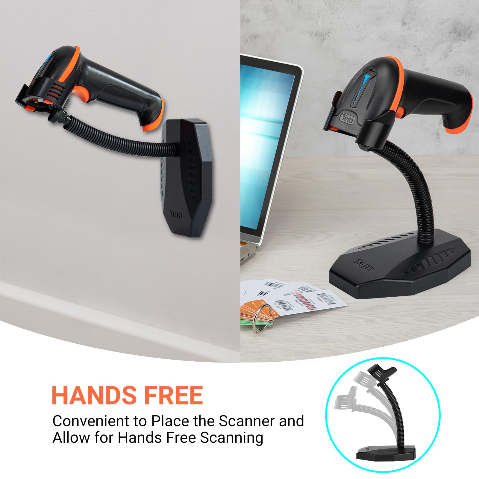 Tera Universal Barcode Scanner Stand Hands Free Barcode Scanning Bar-Code Reader Cradle Holder Base Angle and Height Adjustable Head for Supermarket Retail Store School Library Logistic Warehouse