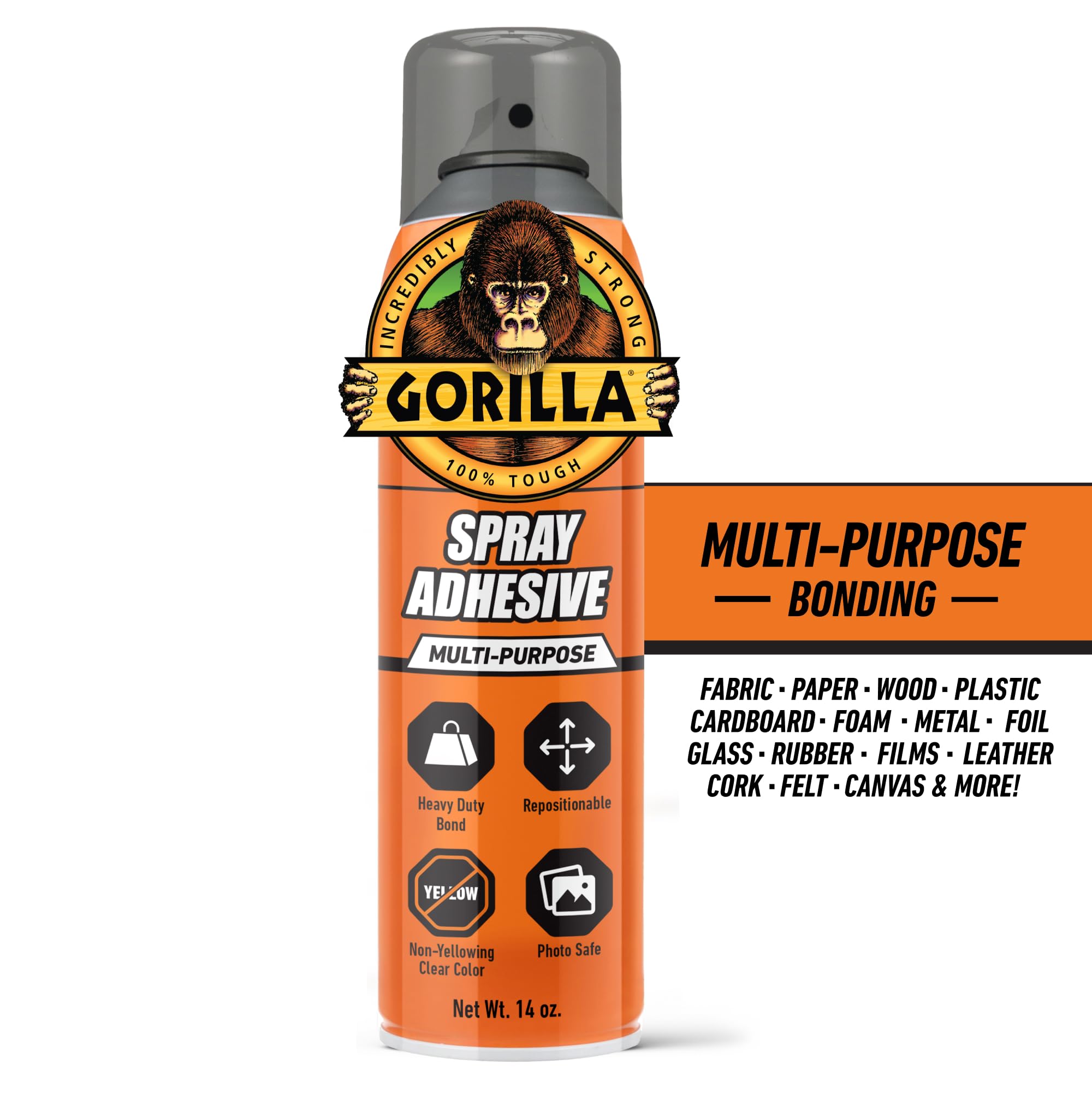 Gorilla Heavy Duty Spray Adhesive, Multipurpose and Repositionable, 14 Ounce, Clear, (Pack of 1)