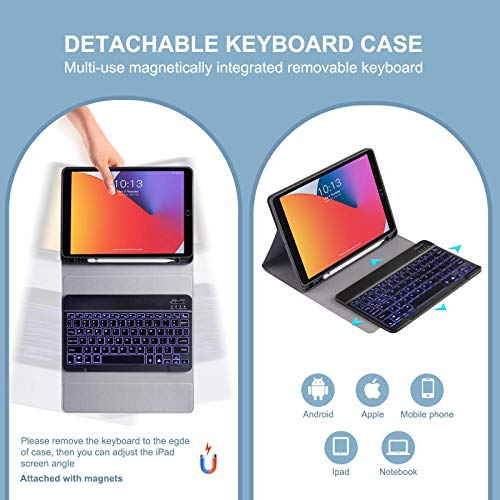 Keyboard Case for iPad 9th Generation 10.2 inch 2021, iPad 8th /7th Gen Case and Keyboard Detachable Wireless, 7 Color Backlight Tablet Keyboard with Slim Folio Case, Built-in Pencil Holder Black
