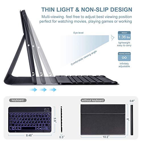 Keyboard Case for iPad 9th Generation 10.2 inch 2021, iPad 8th /7th Gen Case and Keyboard Detachable Wireless, 7 Color Backlight Tablet Keyboard with Slim Folio Case, Built-in Pencil Holder Black