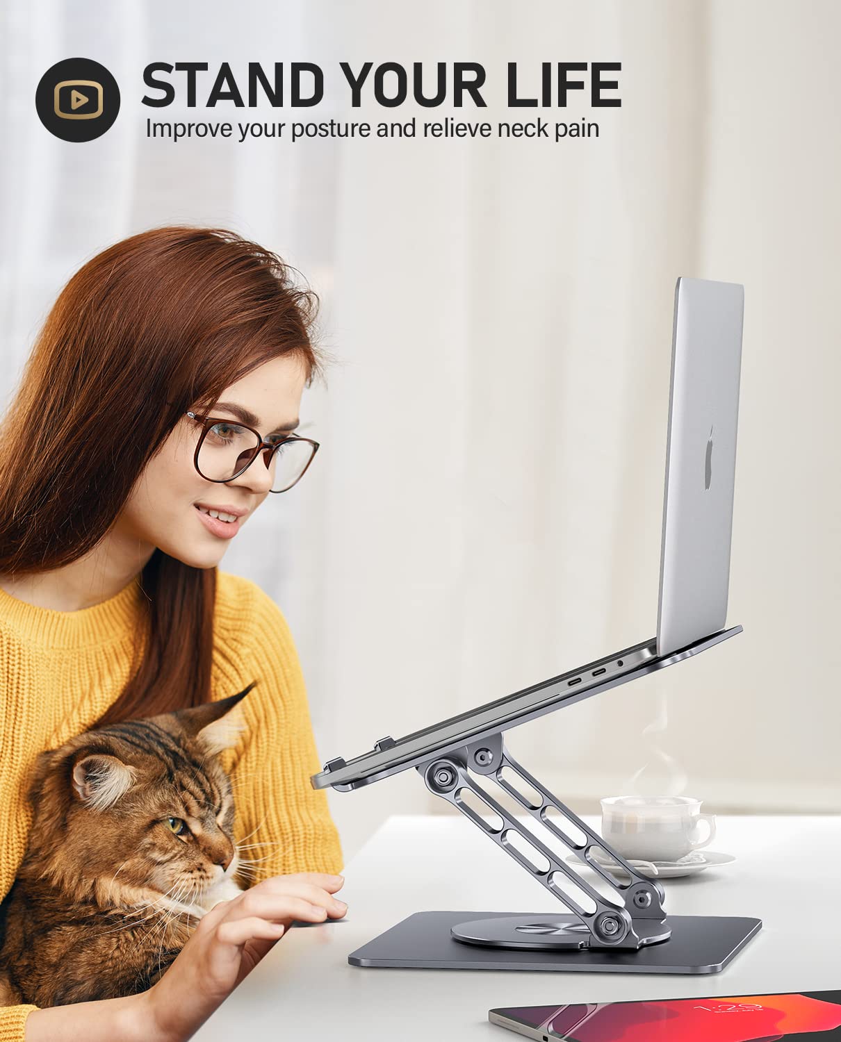 AOEVI Laptop Stand for Desk, Adjustable Laptop Stand with 360 Rotating Base Foldable Laptop Riser Compatible with MacBook Pro/Air Notebook up to 16 Inches, Grey