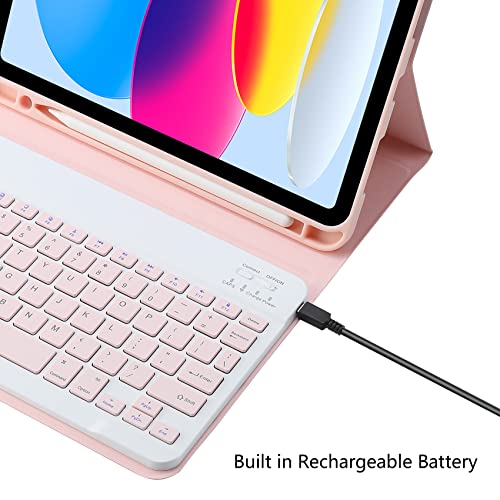 Keyboard Case for iPad 10th Gen 10.9", iPad 10th Generation Case with Keyboard 10.9 inch 2022, Detachable Rechargeable Wireless Bluetooth Keyboard with Pencil Holder Smart Folio Keyboard Case (Pink)