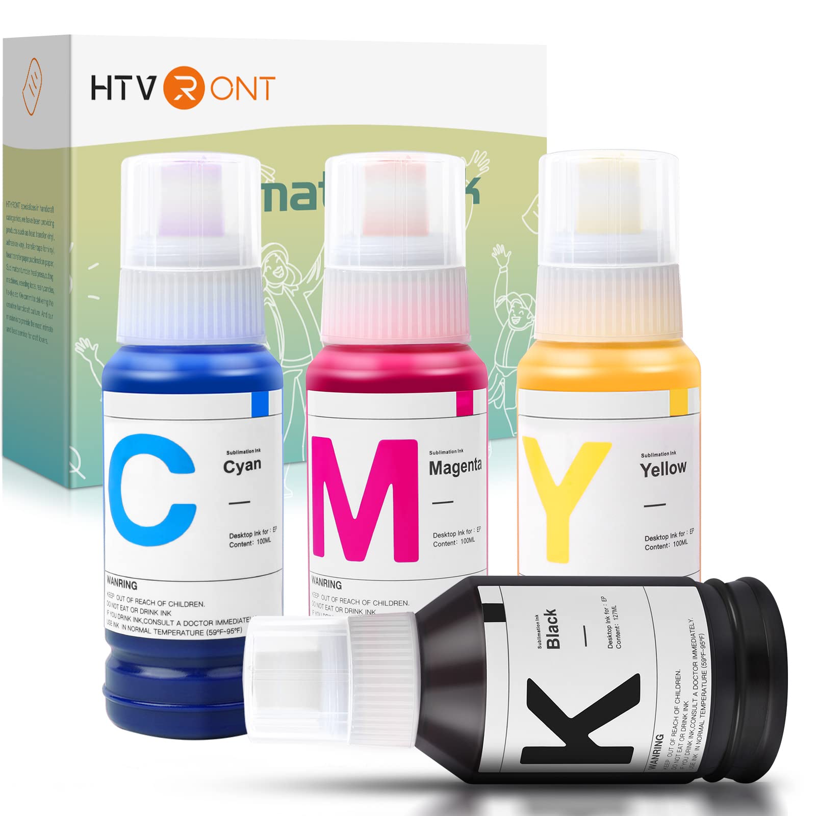HTVRONT Sublimation Ink Refill for ET2720 ET15000 ET2750 WF7710 WF7720 WF2750 Inkjet Sublimation Printers Press Transfer on Mugs, Pillows, Plates, T-Shirts etc（427ml/4 Colors/Autofill/ICC-Free）…