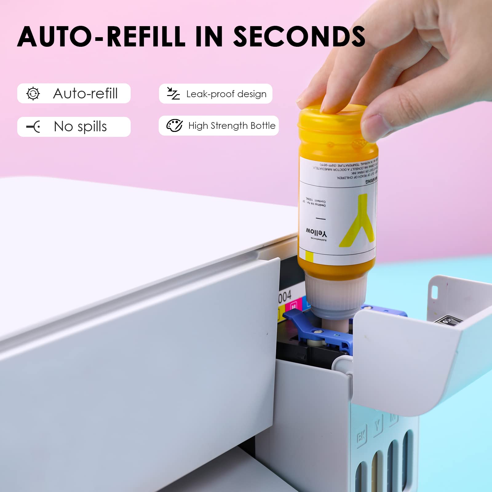 HTVRONT Sublimation Ink Refill for ET2720 ET15000 ET2750 WF7710 WF7720 WF2750 Inkjet Sublimation Printers Press Transfer on Mugs, Pillows, Plates, T-Shirts etc(427ml/4 Colors/Autofill/ICC-Free)…