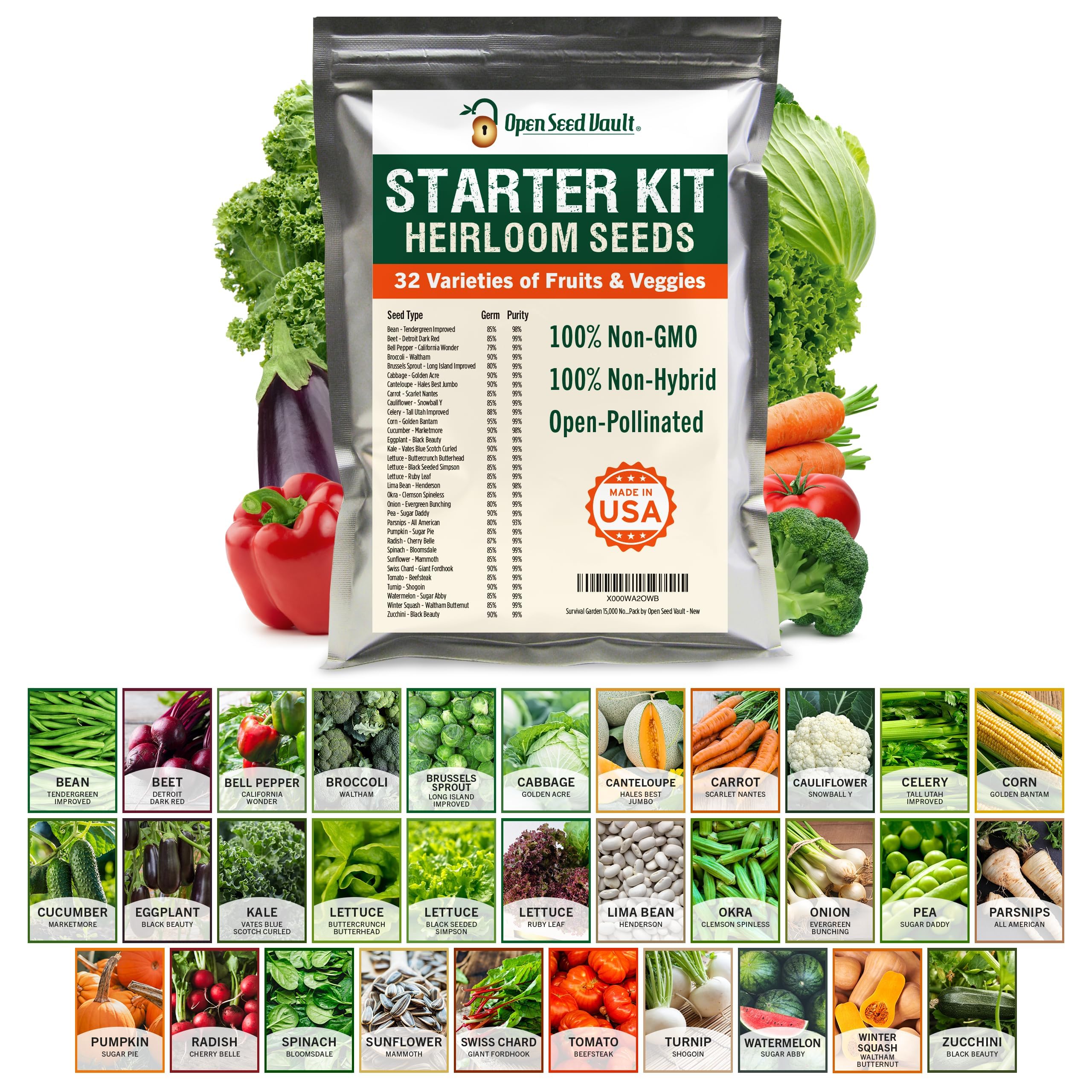 (32) Variety Pack Survival Gear Food Seeds | 15,000 Non GMO Heirloom Seeds for Planting Vegetables and Fruits. Gardening Gifts & Emergency Supplies | by Open Seed Vault